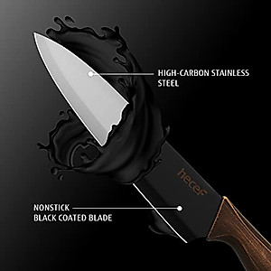 hecef Vintage Kitchen Knife Set, Stainless Steel Non-stick Black Coated Knives with Extra Sheaths, Includes 8'' Chef Knife, 8'' Bread Knife, 7'' Santoku Knife, 5''Utility Knife and 3.5'' Paring Knife