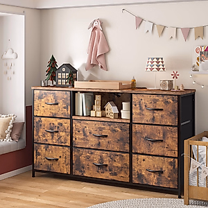 Dresser for Bedroom with Power Outlets, 55" TV Stand Dresser with 8 Drawers, Fabric Dressers & Chest of Drawers for Living Room, Entryway, Rustic Brown
