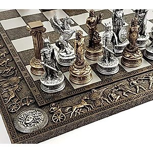 Greek Mythology Olympus Gods Zeus vs Poseidon Pewter and Bronze Color Chess Set with 17" Greek Board