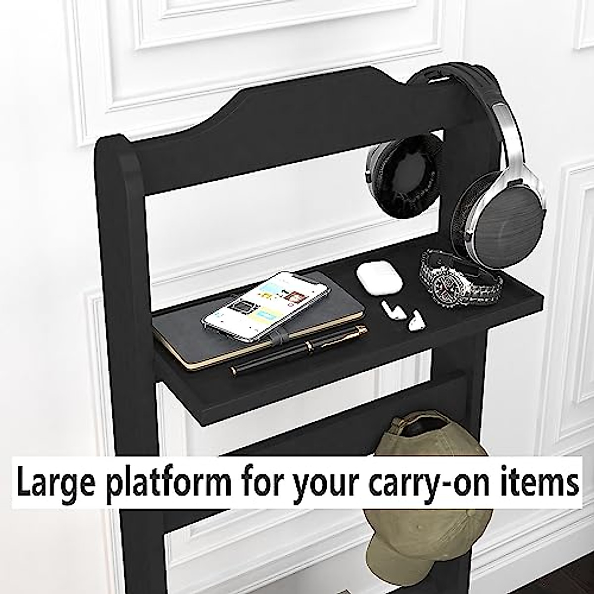 RELAHOGAR Men's Valet Stand, Black Wooden Clothes Stand with Tray, Freestanding Garment Rack Organizer for Enterway Office Bedroom