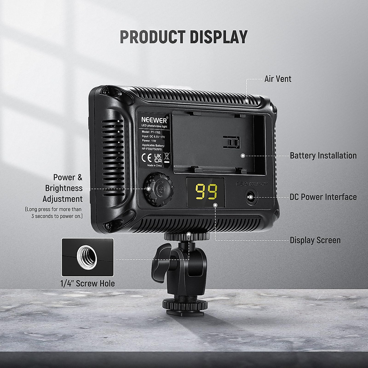 Neewer on Camera Video Light Photo Dimmable 176 LED Panel with 1/4" Thread for Canon, Nikon, Sony and Other DSLR Cameras, 5600K (Battery Not Included)