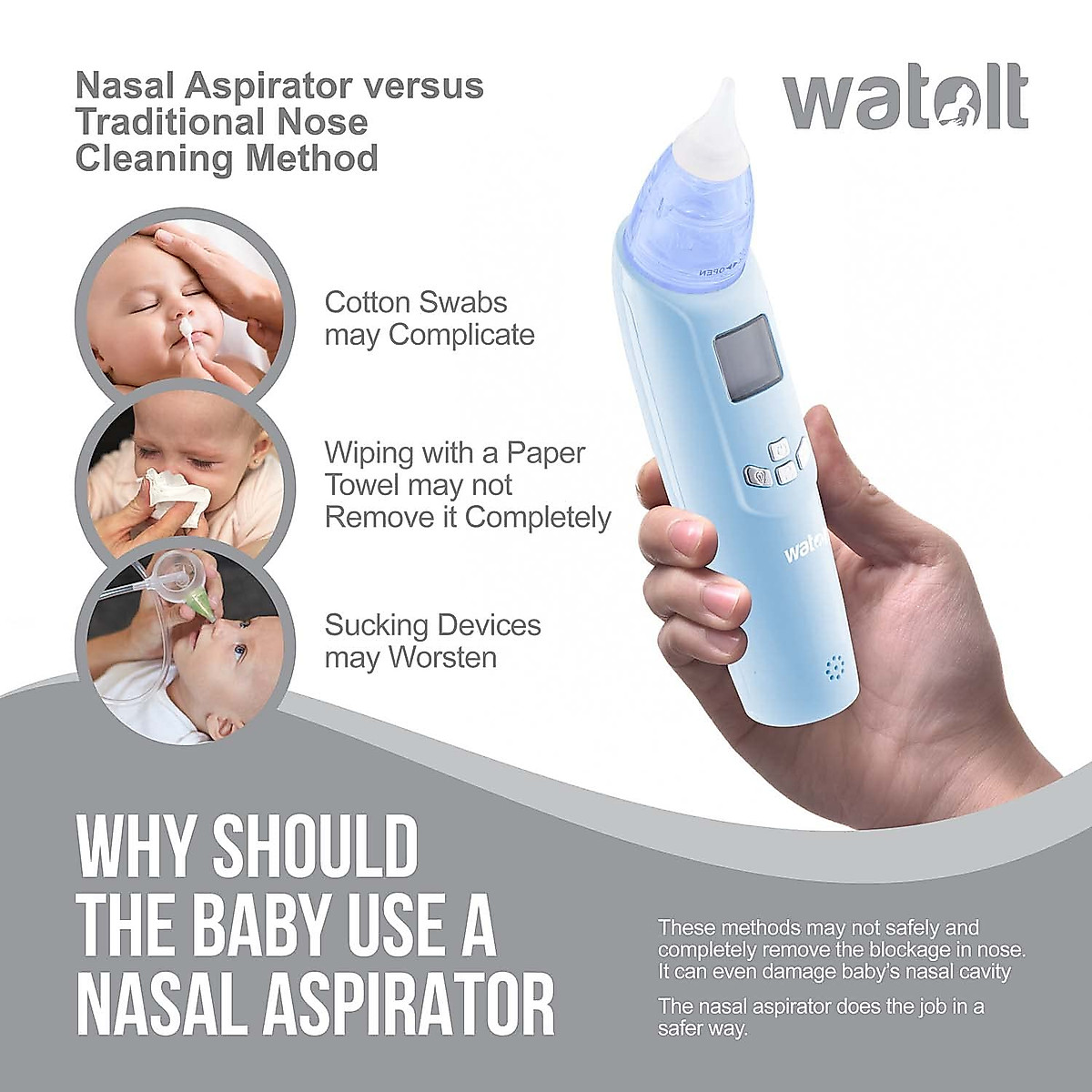 Watolt Baby Nasal Aspirator - Electric Nose Suction for Baby - Automatic Booger Sucker for Infants - Battery Powered Snot Mucus Remover for Kids Toddlers