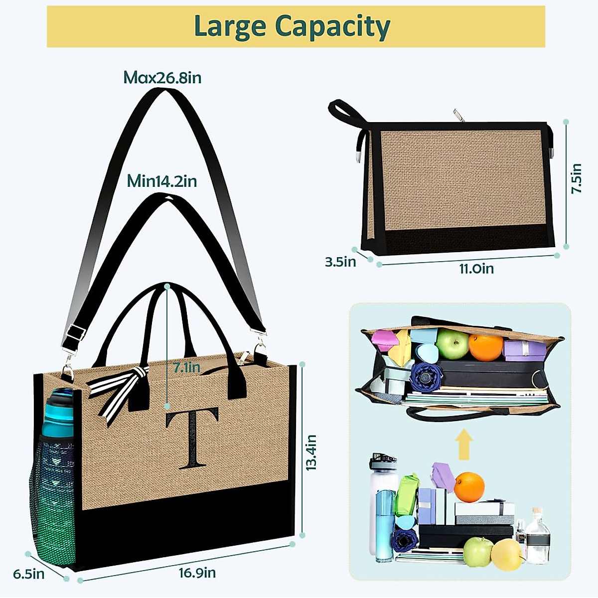 TOPEAST Initial Jute Tote Bag for Women Small Travel Makeup Bag, 21st 40th 50th Birthday Gifts for her New Mom Gifts, Personalized Wedding Gifts for Guests Bride Bridesmaid Gifts Letter J