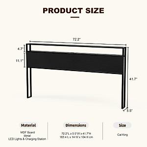 IKIFLY California King Size Storage Headboard with LED Lights & Charging Station - Industrial Metal and Wood Cal King Headboard Only for Bedroom, Attach Frame, Easy Assembly - Black