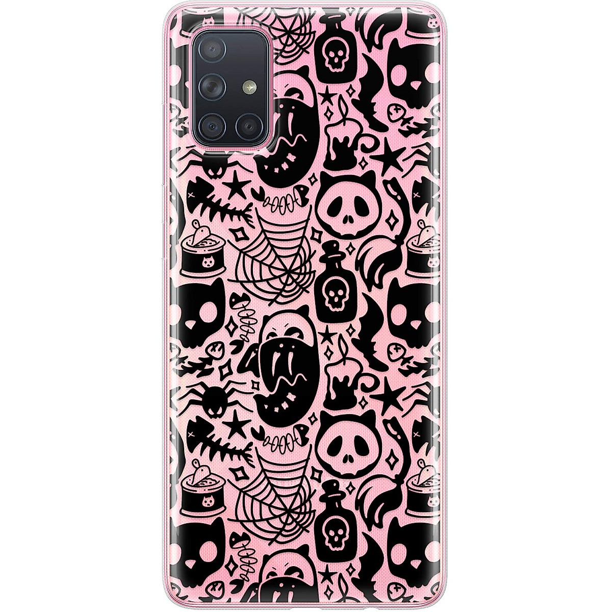 TPU Phone Case Compatible with Samsung A72 A71 5G A70 A51 A50 A32 A21 A11 A12 A13 A14 A01 Skeleton Shockproof Cat Skull Spider Web Flexible Clear Lightweight Spooky Durable Silicone Halloween