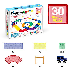 PicassoTiles Magnetic Race Track Toys Car Tracks Set for Toddlers Magnet Building Blocks Tiles Sensory Toys for Kids Include 2 Trucks STEM Engage in Thrilling Races Age 3+ Year Old Boys Girls