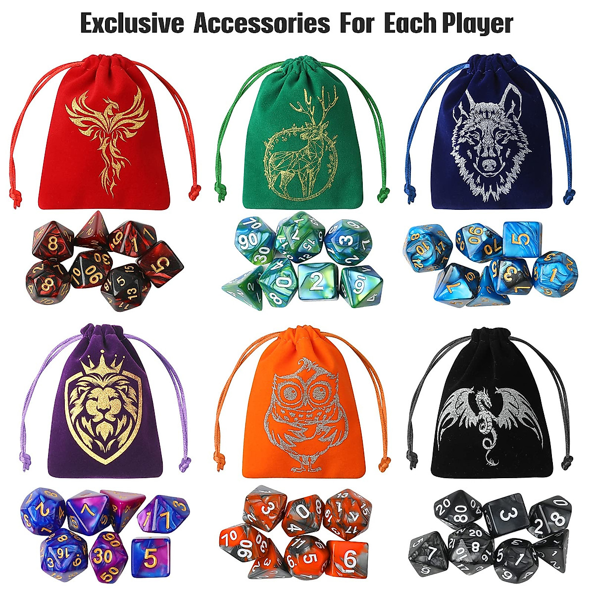 Grajar DND Dice Set, 42 Pcs polyhedral dice Set with 6 Colorful Animal Pattern Bag and PU Leather Velvet Tray for Dungeons Dragons D&D RPG MTG Table Games