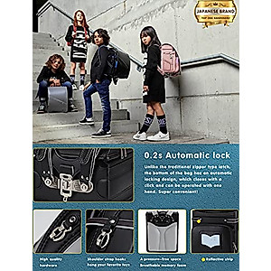 Baobab's wish Ransel Randoseru Backpack Semi-automatic satchel Japanese school bag for girls and boys PU leather bab-rng58 (Black 01)