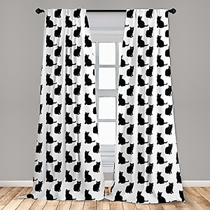 Ambesonne Cat Curtains, Black Cat on White Backdrop Playful Friendly Animals Posing Domestic Pets, Window Treatments 2 Panel Set for Living Room Bedroom, Pair of - 28" x 63", Black White