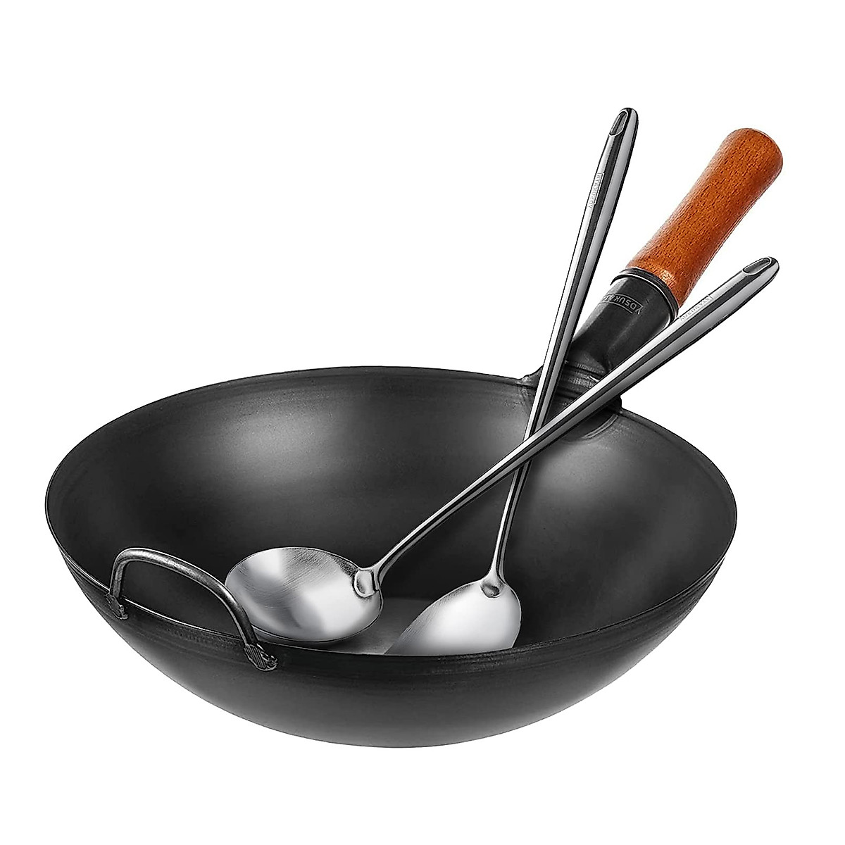 YOSUKATA Carbon Steel Wok Pan – 13,5 “ Woks and Stir Fry Pans 17’’ Wok Spatula and Ladle