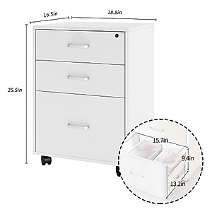 SogesGame 3 Drawer File Cabinet with Lock, Office Storage File Cabinet on Wheels, Mobile Under Desk File Cabinets for Home Office Fits Letter/Legal/A4 Size, White