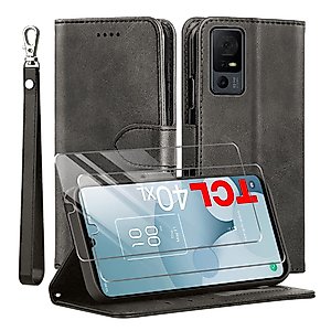 TTYSHTT for TCL 40 XL Case and Tempered Glass Screen Protector, PU Leather Flip Cover Wallet Phone Case Protector [Full Protection] [Card Slots] [Kickstand] for TCL 40 XL, Black