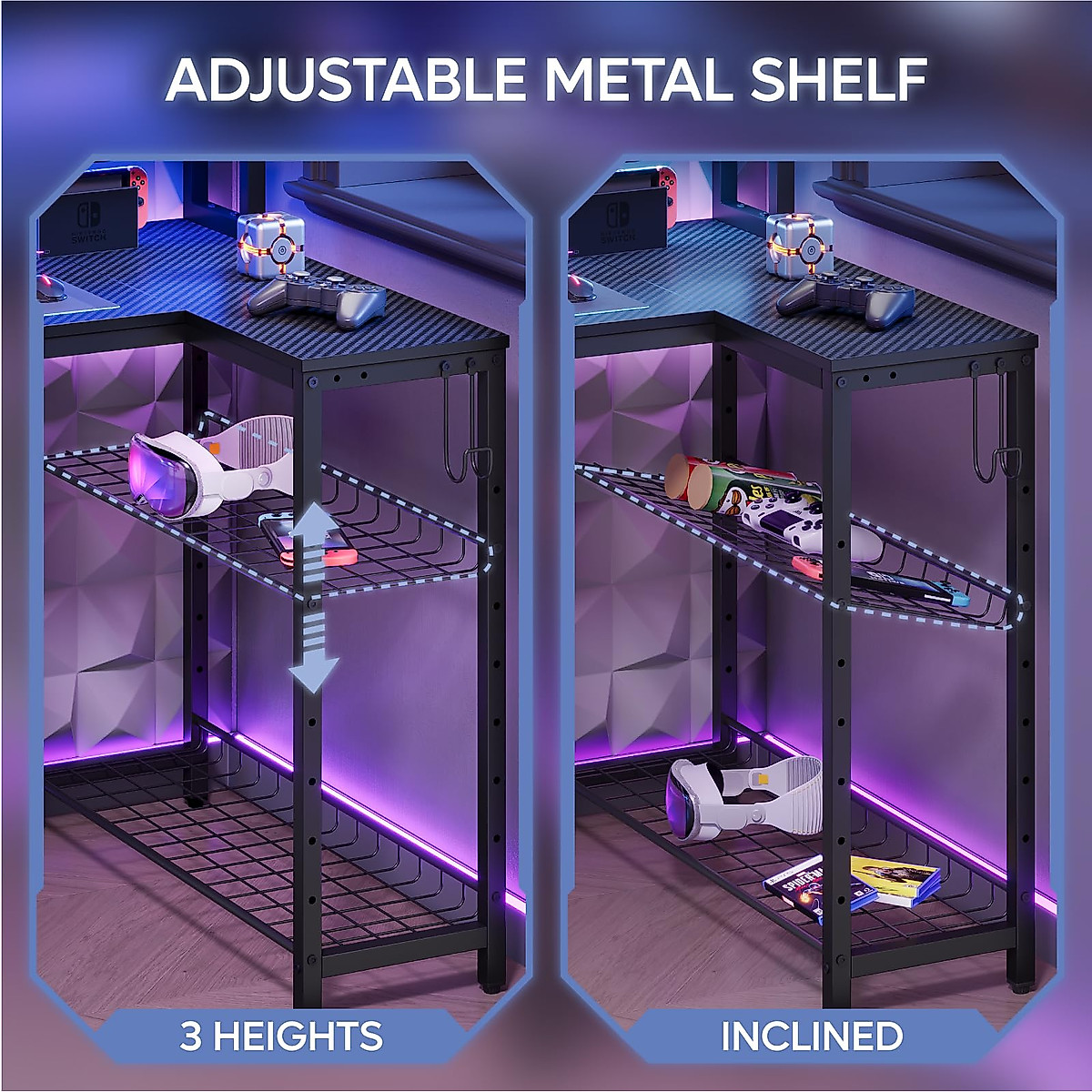 Bestier Gaming Desk with Power Outlet, 71.5 inch LED Computer Desk with Monitor Stand, L Shaped Large Desk with Metal Shelf, Cup Holder & Headset Hooks, Corner Desk for Bedroom 3D Carbon Fiber