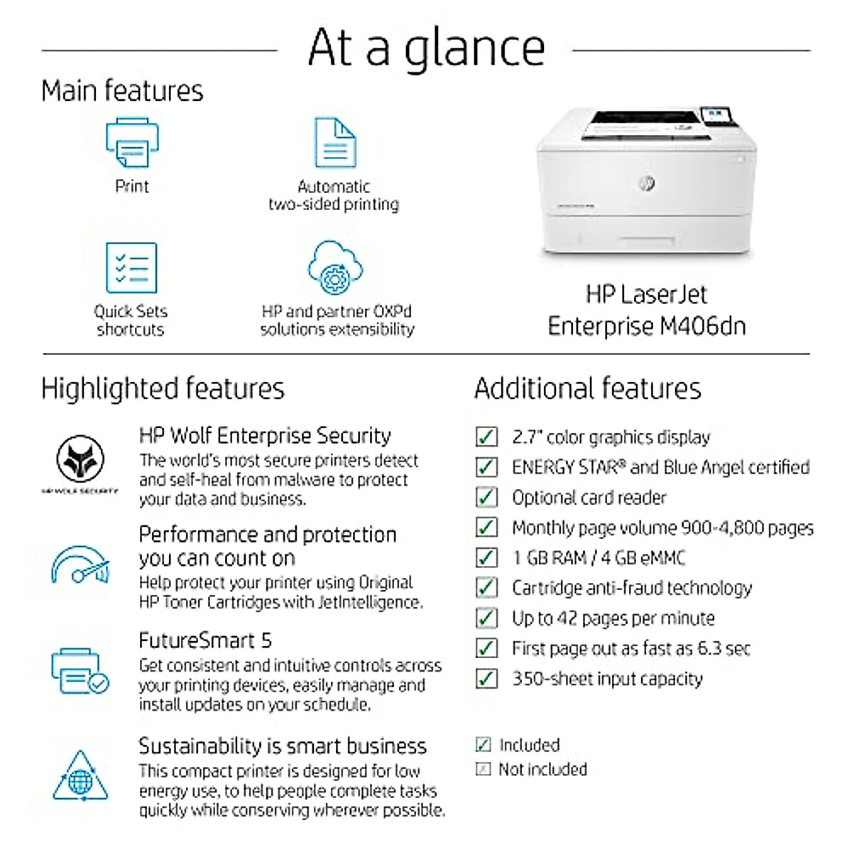 HP LaserJet Enterprise M406dn Monochrome Printer with built-in Ethernet & 2-sided printing (3PZ15A)