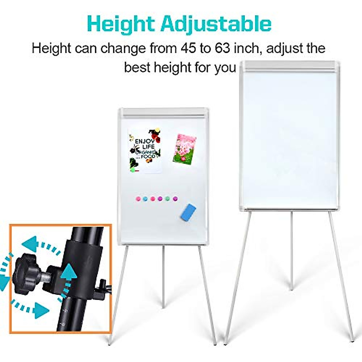 DexBoard Magnetic Whiteboard Easel 24" x 36"|Height Adjustable Dry Erase Board Tripod Office Presentation Board w/ Flipchart Pad, Magnets & Eraser, White