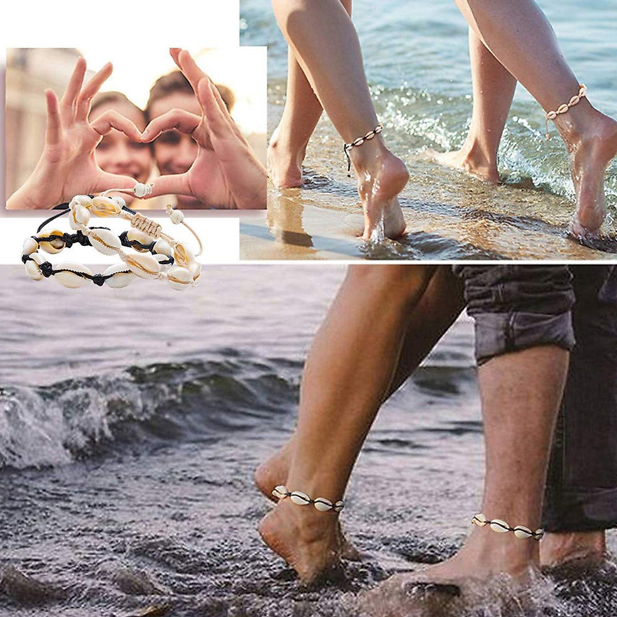 4 Pack Adjustable Shell Bracelets Anklets Set Natural Cowrie Shell Beads Puka Seashells Ankle Jewelry for Men Women Valentine's Day Gifts