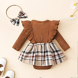 Toddler Baby Girl Fall Winter Outfit Set Plaid Romper Dress Ruffles Long Sleeve Clothes Jumpsuit with Bow Headband (Brown, 0-3 Months)