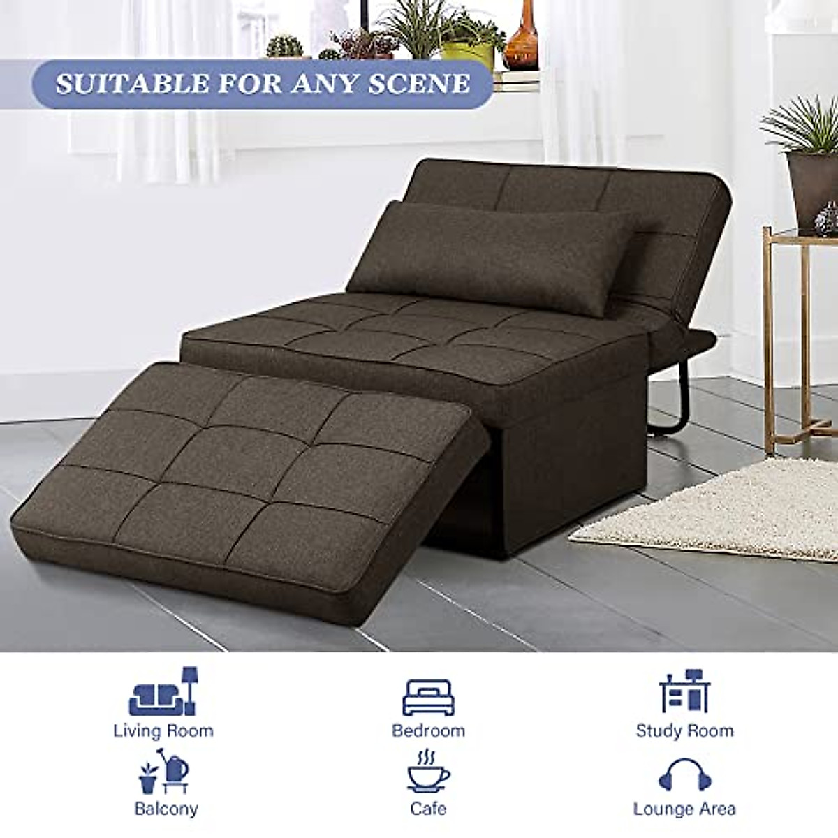 Saemoza Sofa Bed, 4 in 1 Multi Function Folding Ottoman Sleeper Bed, Modern Convertible Chair Adjustable Backrest Sleeper Couch Bed for Living Room/Small Apartment, Dark Brown