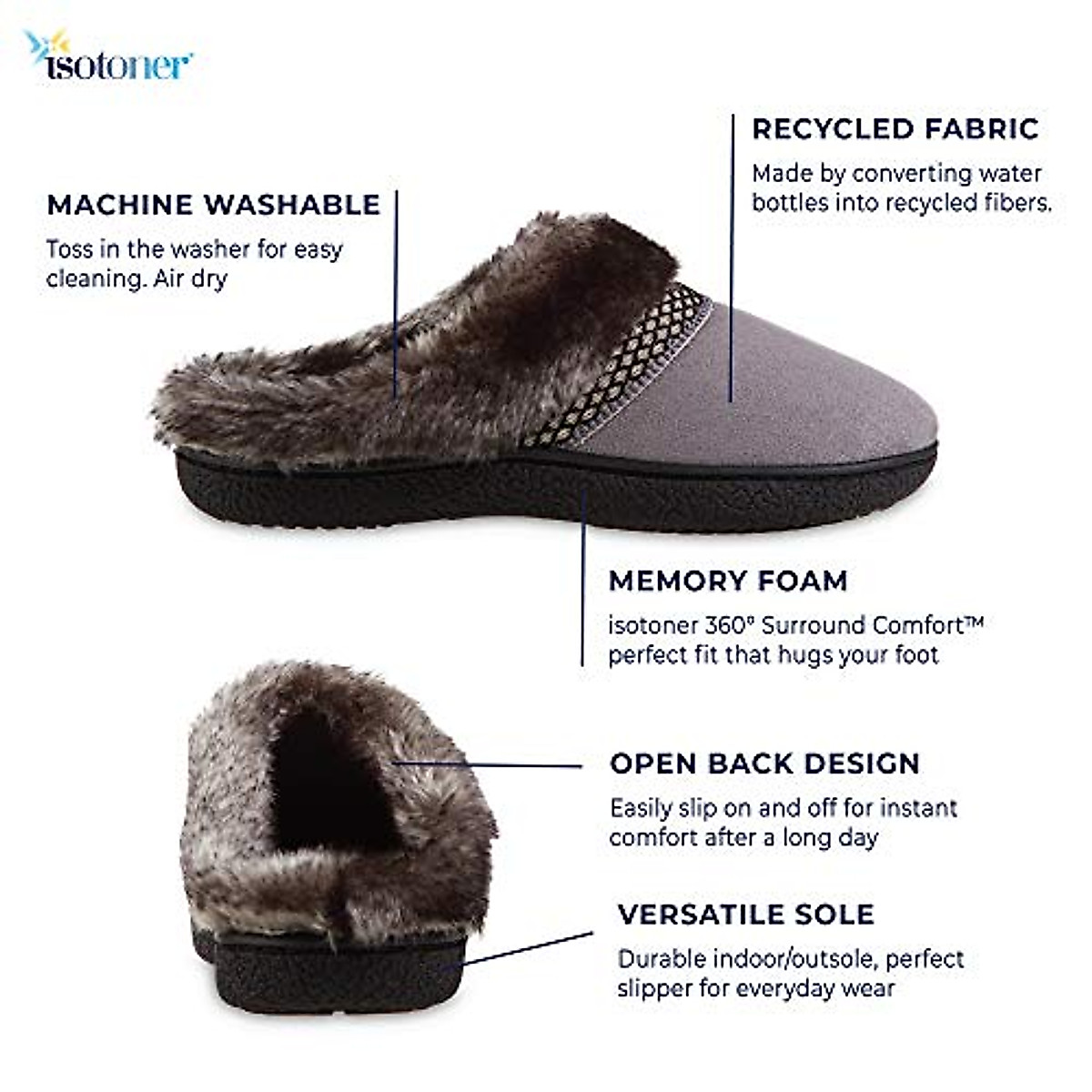 isotoner Women's Recycled Microsuede Mallory Hoodback Slipper, with Memory Foam and Indoor/Outdoor Sole, Black, 8.5-9