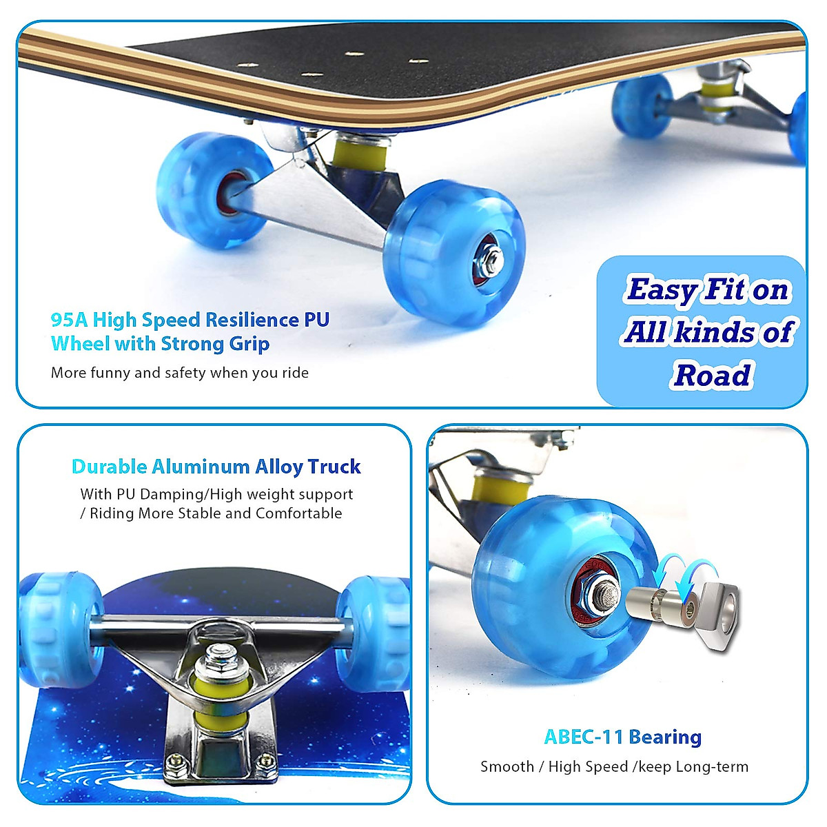Easy_Way Complete Skateboards- Standard Skateboards for Beginners Kids Boys Girls Teenager- 31''x 8''Canadian Maple Cruiser Pro Skate Board, Skateboards (Deer)