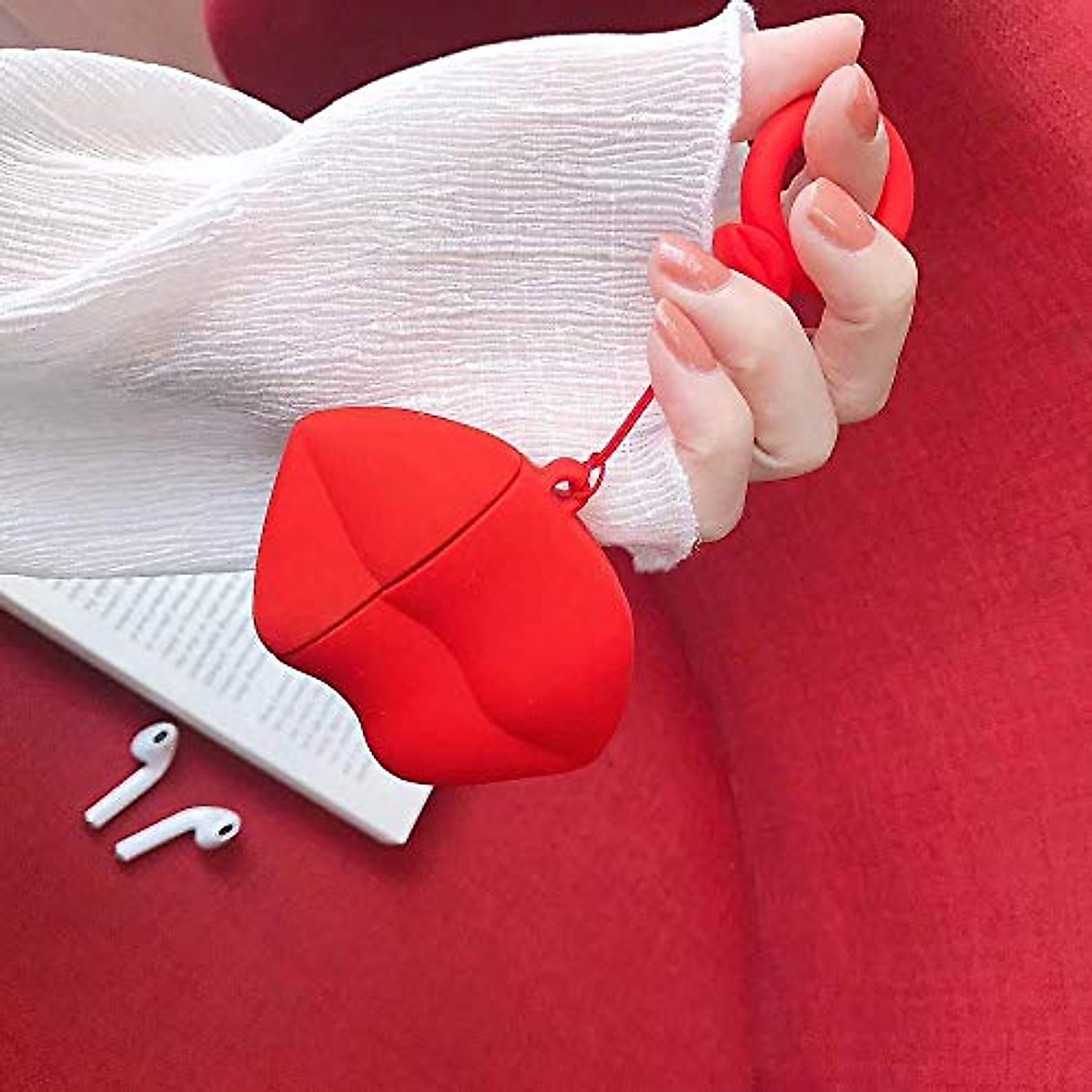 Rertnocnf Compatible with Earbuds Case Airpods 1 & 2, Creative 3D Lips Design Personality Red Lip Portable Accessories Soft Silicone Protective Wireless Earphone Charging Case with Ring Decoration