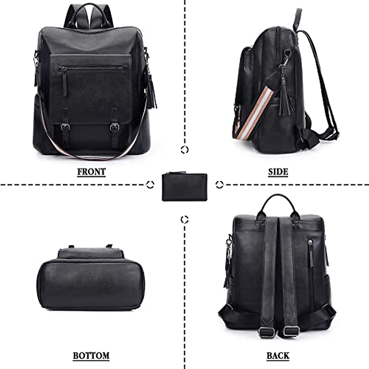 Caitina Backpack Purse for Women Leather Backpack Purse Travel Backpack Fashion Designer Ladies Shoulder Bags With Wristlets(Black)