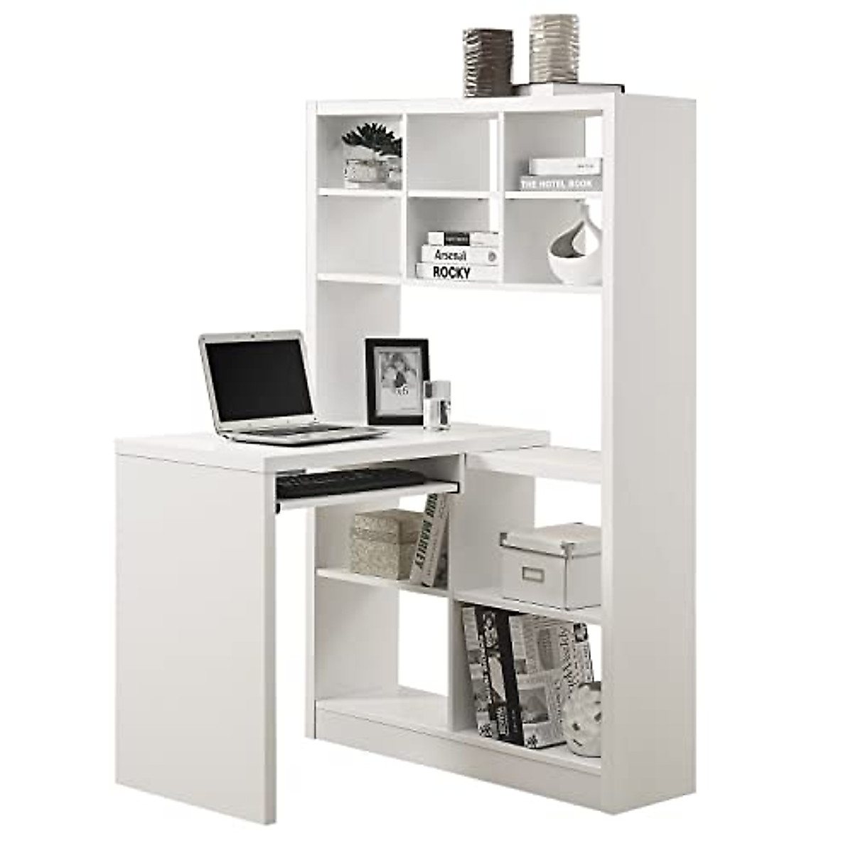 Monarch Specialties 7022, Home Office, Bookcase, Storage Shelves, Set-up, L Shape, Work, Laptop, Laminate, White Computer Desk Left Or Right Facing Corner, 35.5" L x 38" W x 60" H