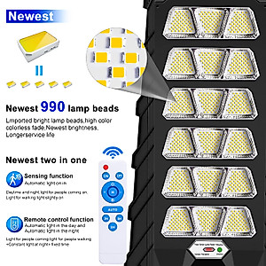 600W Solar Street Light Outdoor Waterproof Parking Lot Light 990leds with Motion Sensor and Remote 60000LM Dusk to Dawn 6500K Solar LED Street Light IP65 for Driveway,Playground,Basketball,Garage