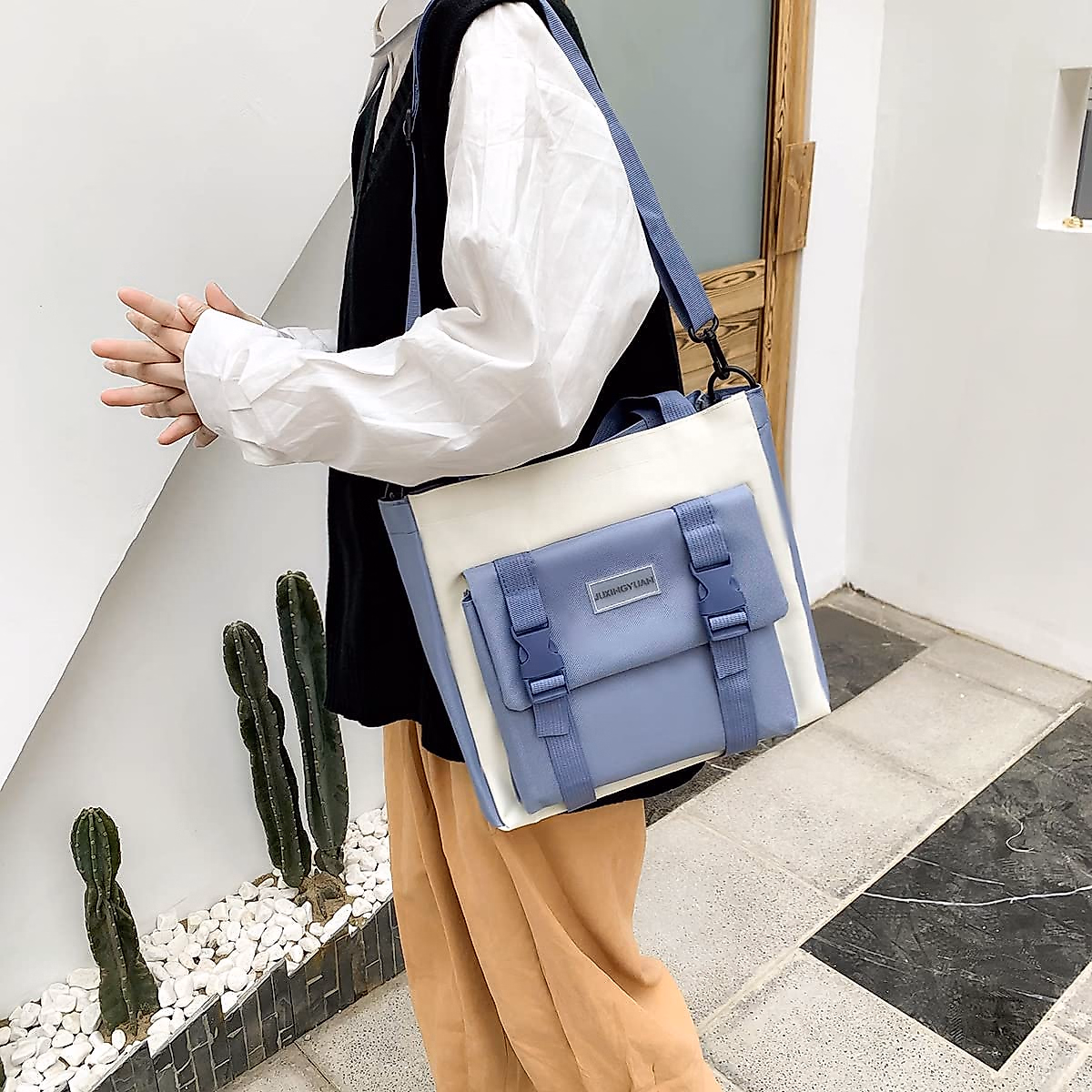 AONUOWE 5pcs Aesthetic Backpack Set for School Teens Girls Daypack Cute Trendy Large Capacity Preppy Shoulder Bag (Blue)