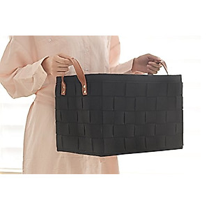 Collapsible Storage Basket Bins, Foldable Handmade Rectangular Felt Fabric Storage Box Cubes Containers with Handles- Large Organizer For Nursery Toys,Kids Room,Towels,Clothes, Black （16"x11.8"x11.5"）