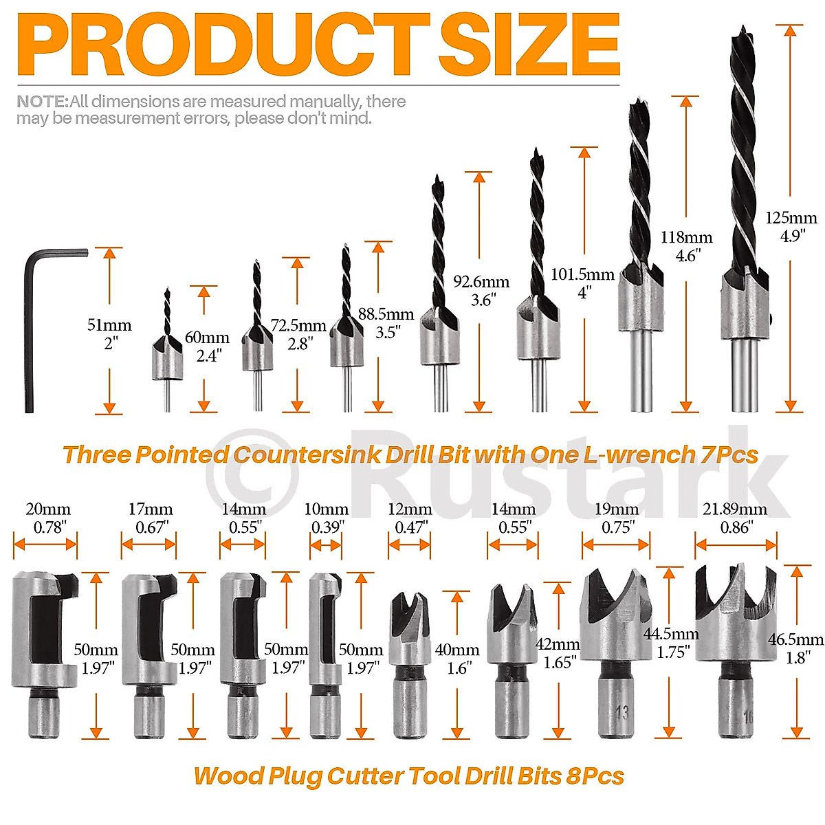 Rustark 26Pcs Woodworking Drill Bit Tool Set with High Speed Steel Three Pointed Countersink Drill Bits Wood Plug Cutter Automatic Center Hole Punch for Woodworking Drilling Countersinking