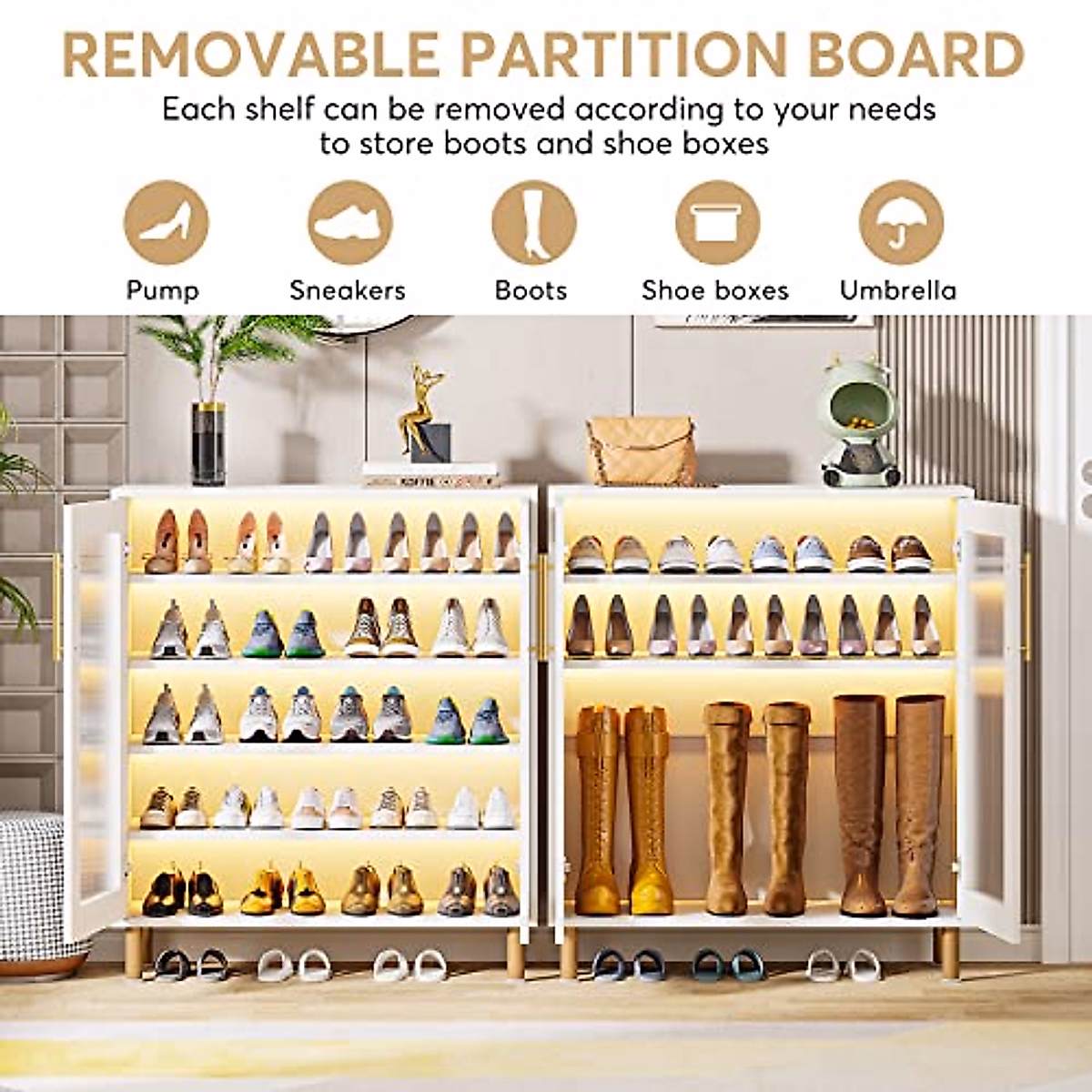 Tribesigns Shoe Cabinet with Acrylic Doors and LED Light, 24 Pairs Entryway Shoe Organizer Storage Rack with 5-Tier Adjustable Shelves for Narrow Closet, Hallway, Living Room (White & Gold)