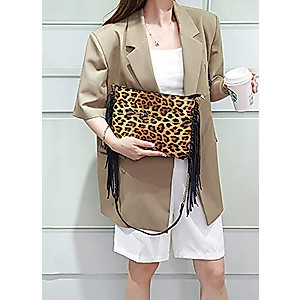 VASTLUCKYWomen Leopard Shoulder Bag Chic Leather Side Tassel Fringed Hobo Envelope Crossbody Purse Clutch Satchel with Wristlet