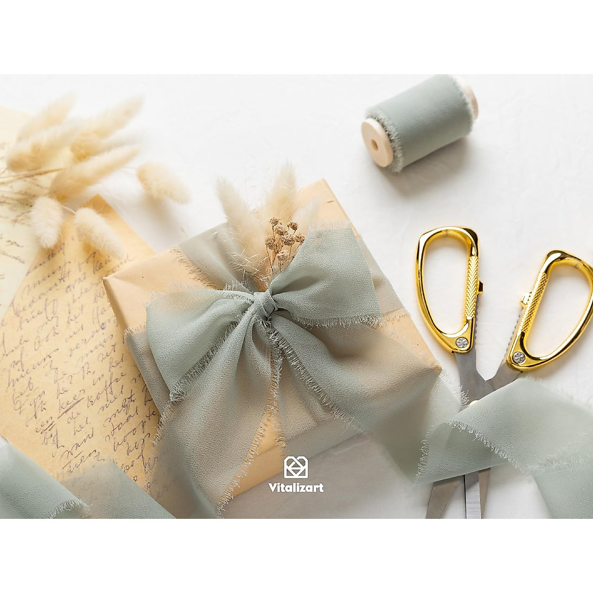 Vitalizart Dusty Green Chiffon Ribbon 2" x 15 Yd Sage Silk Like Handmade Frayed Edges Fringe for Wedding Invitations Bridal Shower Bouquets Gift Wrapping Holiday Decor