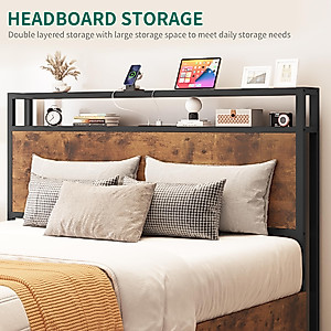 YITAHOME Queen Size Bed Frame with 4 Storage Drawers, Metal Platform Bed with Wooden Headboard and Charging Station, No Box Spring Needed, Fast Assembly - Brown