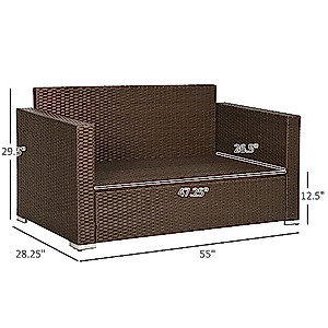 Hypeshops Outdoor Wicker Loveseat, Patio Furniture Couch with Cushions, 2 Seats PE Rattan Sofa, 2 Throw Pillows - Beige