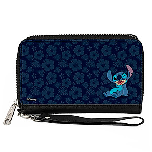 Disney Wallet, Zip Around, Lilo and Stitch Stitch Winking Pose Tropical Flora Black Blue, Vegan Leather