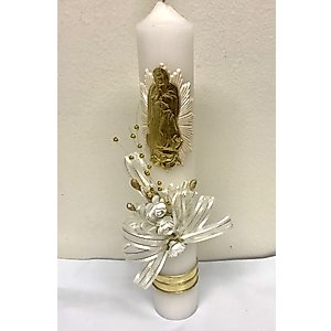 Baptism Candle Our Lady of Guadalupe Crystals Cross lace and Ribbon Favor,Christening,Blessing Day,Communion Candle,Christening Ceremony Candle (Gold)