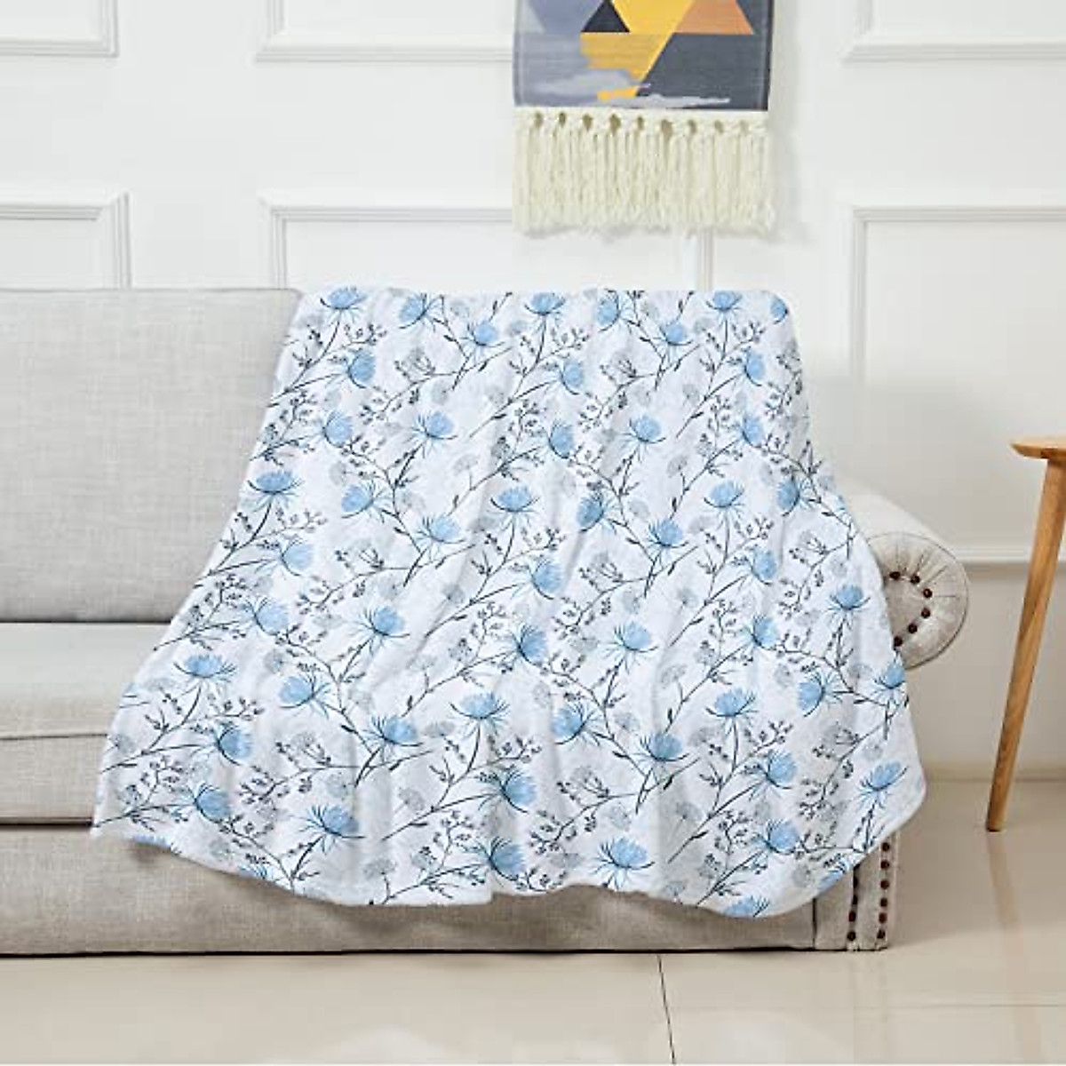 Blue Flowers Throw Blankets Gifts, Soft Flannel Fleece Microfiber Blankets, Warm Bed Blanket Throws for Chair Sofa Couch Bedroom Camper 50x80 in Rustic Floral Seasonal Summer Spring