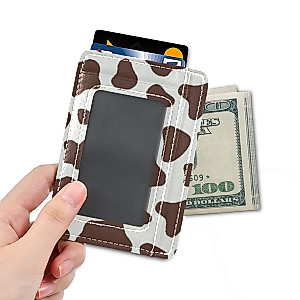 JUNZAN Slim Wallet Brown Cow Print Minimalist Wallets for Men Women Leather RFID Blocking Front Pocket Card Holder