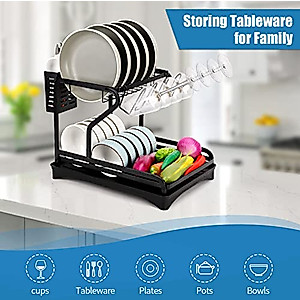 YWCMESDM Dish Drying Rack, Multifunctional Dish Rack with Drainboard & Utensil Holder, 2 Tier Stainless Steel Dish Racks, Dish Drainers with a Large Capacity for Kitchen Counter (Black)