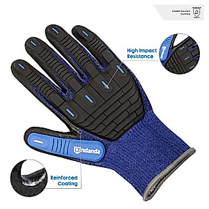 ANDANDA Level 5 Cut Resistant Work Gloves, Impact Resistant Mechanic Gloves with TPR, Nitrile Coated, Power Grip, Industrial Grade Anti Vibration Gloves for Men/Women, Black & Blue/Large/1 pair
