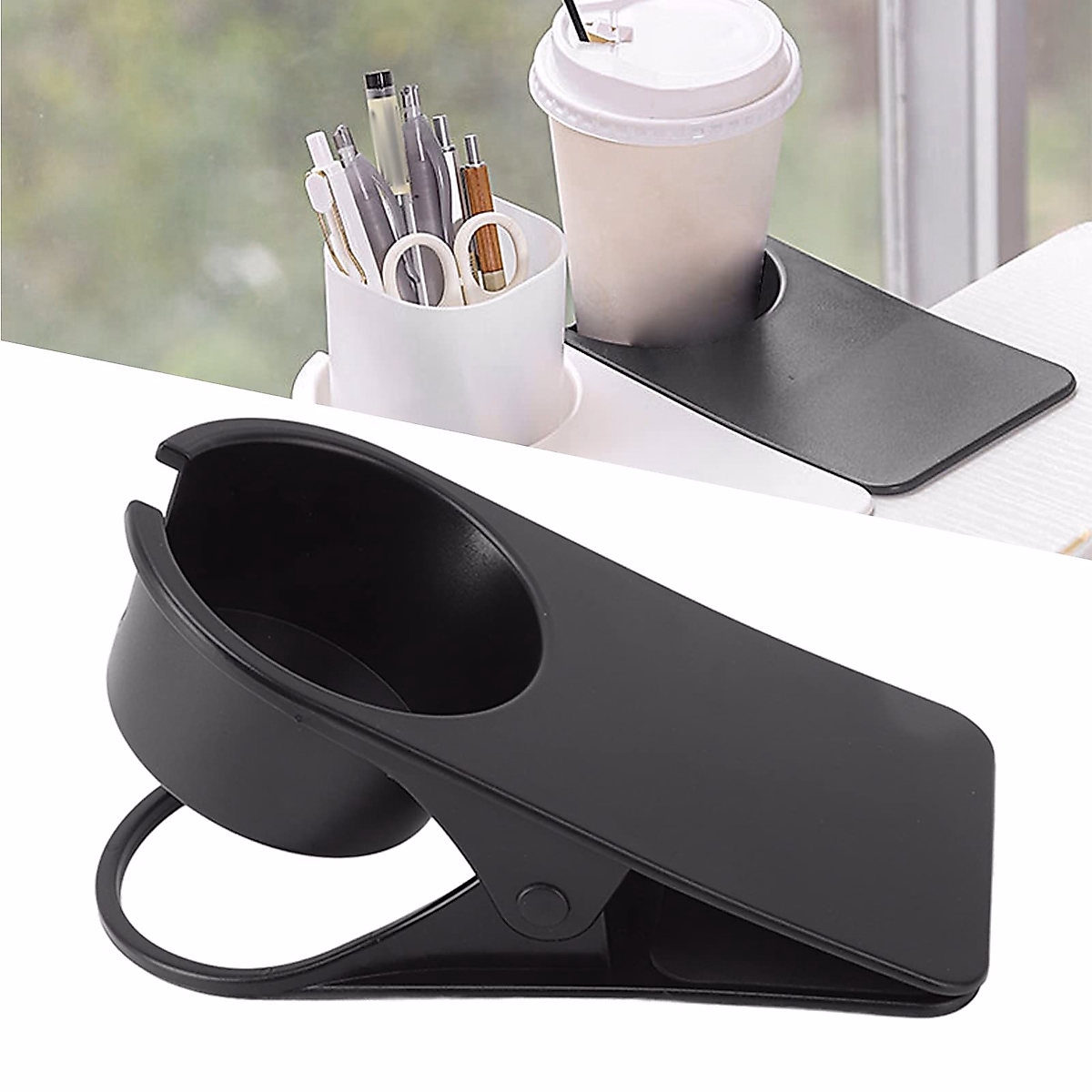 Drinking Cup Holder Clip Table Edge Clamp Cup Holder Place Water Glass Coffee Mug Beverage Cell Phone for Home Office (Black)