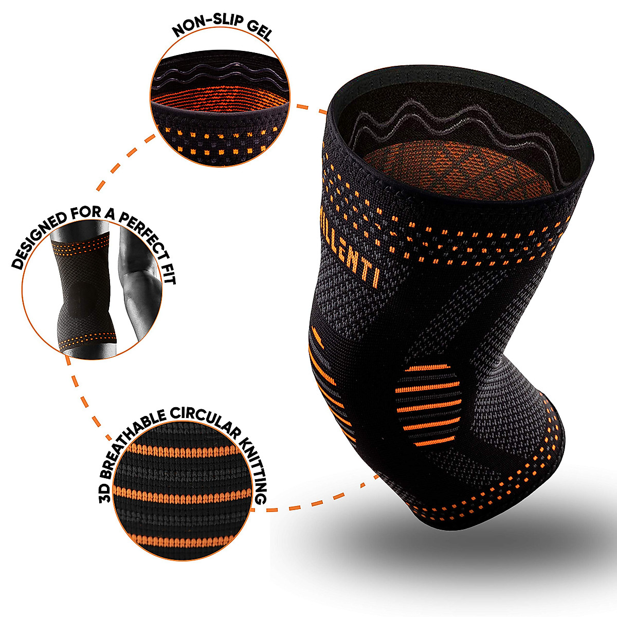 Millenti Knee Compression Sleeve Brace - For Knee Pain Running, Arthritis, ACL, Basketball, Football, Gym, Crossfit, Men Women Sport Injury Recovery, (Single) Black Orange, See Chart Size L, KB01LOG