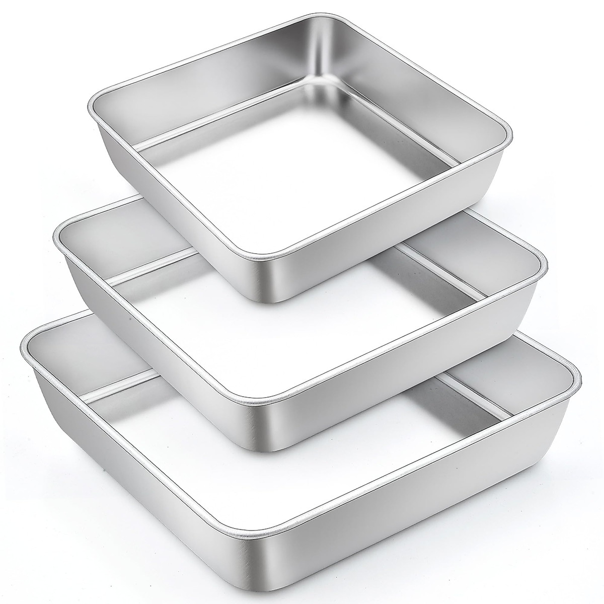 TeamFar Square Cake Pan, 6/8 / 9 Inch Stainless Steel Square Baking Pan for Cake Brownie Lasagna, Non-Toxic & Heavy Duty, One Piece Design & Deep Wall, Smooth & Dishwasher Safe – Set of 3
