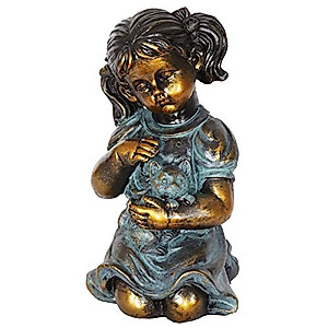 Exhart Garden Sculpture, Faux Bronze Girl and Cat Garden Statue, Outdoor Garden Decoration, 6 x 10.5 Inch