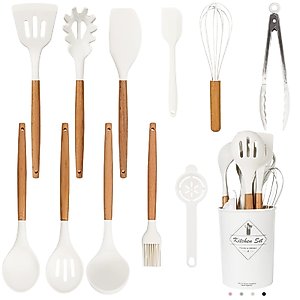 White Kitchen Utensils Set-12 Pieces Silicone Cooking Utensils Set with Wooden Handle (Dishwasher Safe) 392°F Heat Resistant Spatula Set, Nonstick Cookware,Best Kitchen