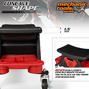 M-AUTO Rolling Mechanic Stool Garage Roller Chair Creeper Seat w/Storage Tool Tray and Drawers,300LBS Capacity Workbench Stool with Lockable Rollers for Home Garage DIY Automotive, 25" Red