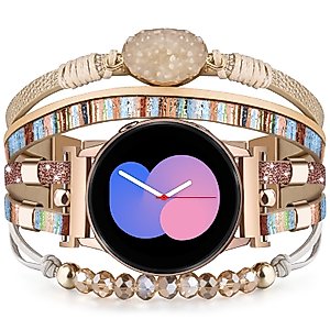 VISOOM Beaded Boho Bracelet for Samsung Galaxy Watch 5/6/4/3/Active2/Watch 6/4 Classic Bands Women, 20mm Leather Fashion Watch Bands for Watch 5 Pro Cute Multilayer Wrap Samsung Galaxy Watch Bands
