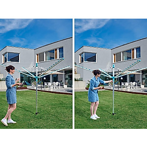 Leifheit Linomatic 500 Easy Dryer 50m Retract to Stay Clean, All Rust-Free Aluminium, 3.28m Turning Diameter, Longest Length 2.03m Pull-Open, Rotary Clothes line Airer, Turquoise, Large